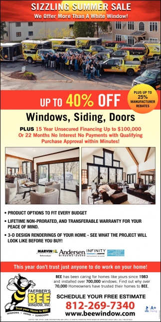 Sizzling Summer Sale, Faerber's Bee Window, Inc, Fishers, IN