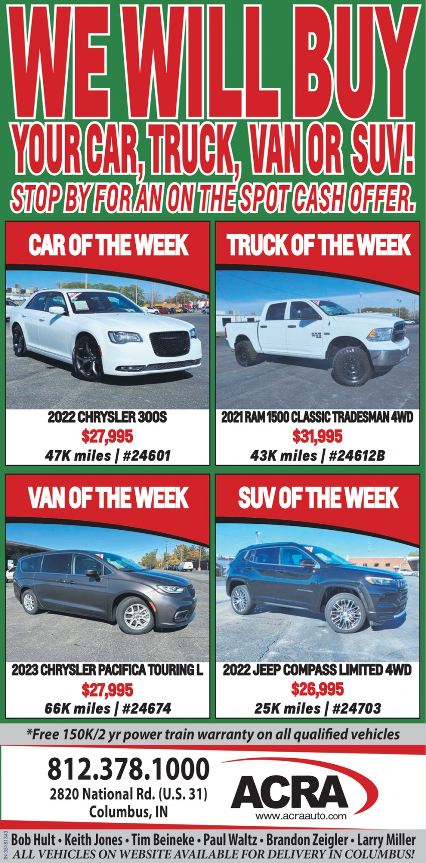 We Will Buy Your Car, Truck, Van or SUV!, ACRA Auto, Columbus, IN